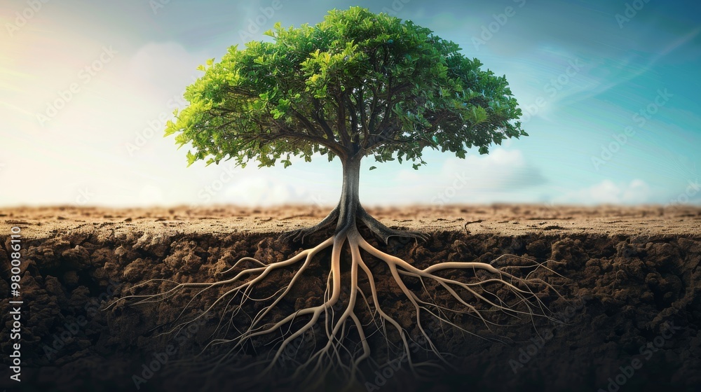 Resilient Tree with Deep Roots Anchored in the Earth, Symbolizing ...