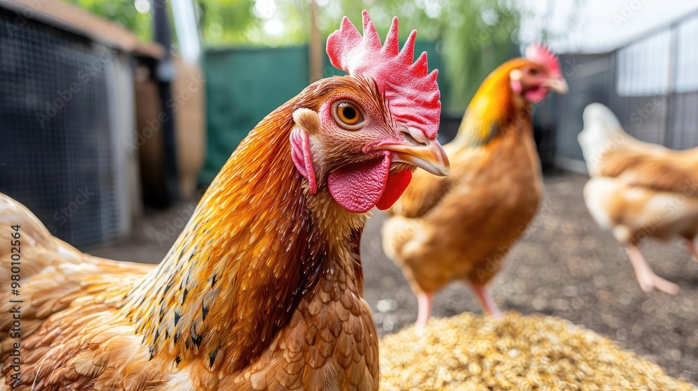 An organic chicken farm with free-range chickens pecking at natural ...