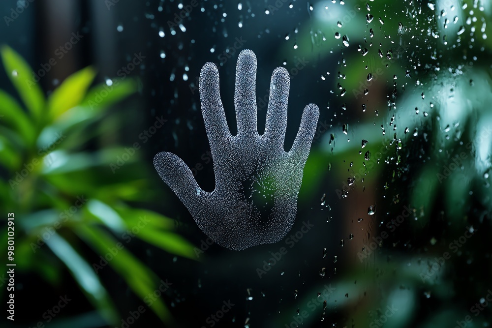 A ghostly handprint on a fogged-up window, appearing without ...