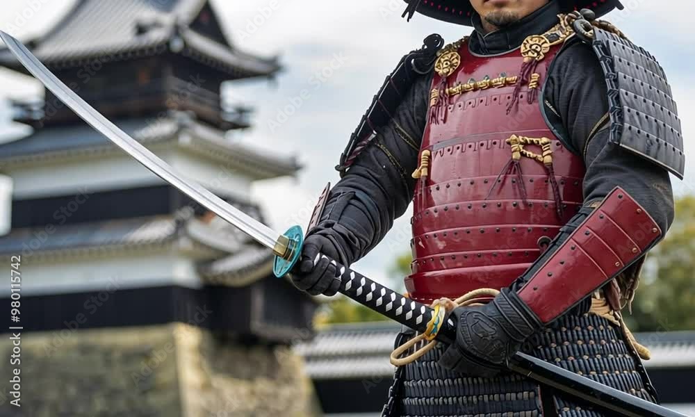 A Japanese samurai in traditional armor holding a katana. The ...
