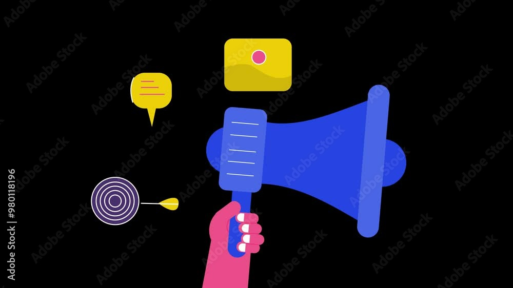 2D animation of a hand holding a megaphone, depicting marketing and ...