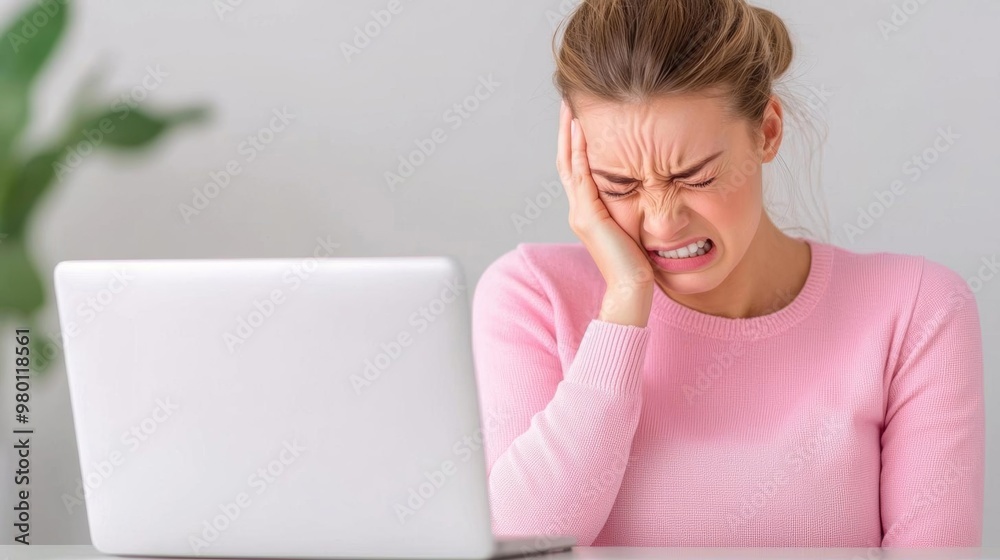 Young woman sitting in front of a laptop, wincing with a hand on her ...