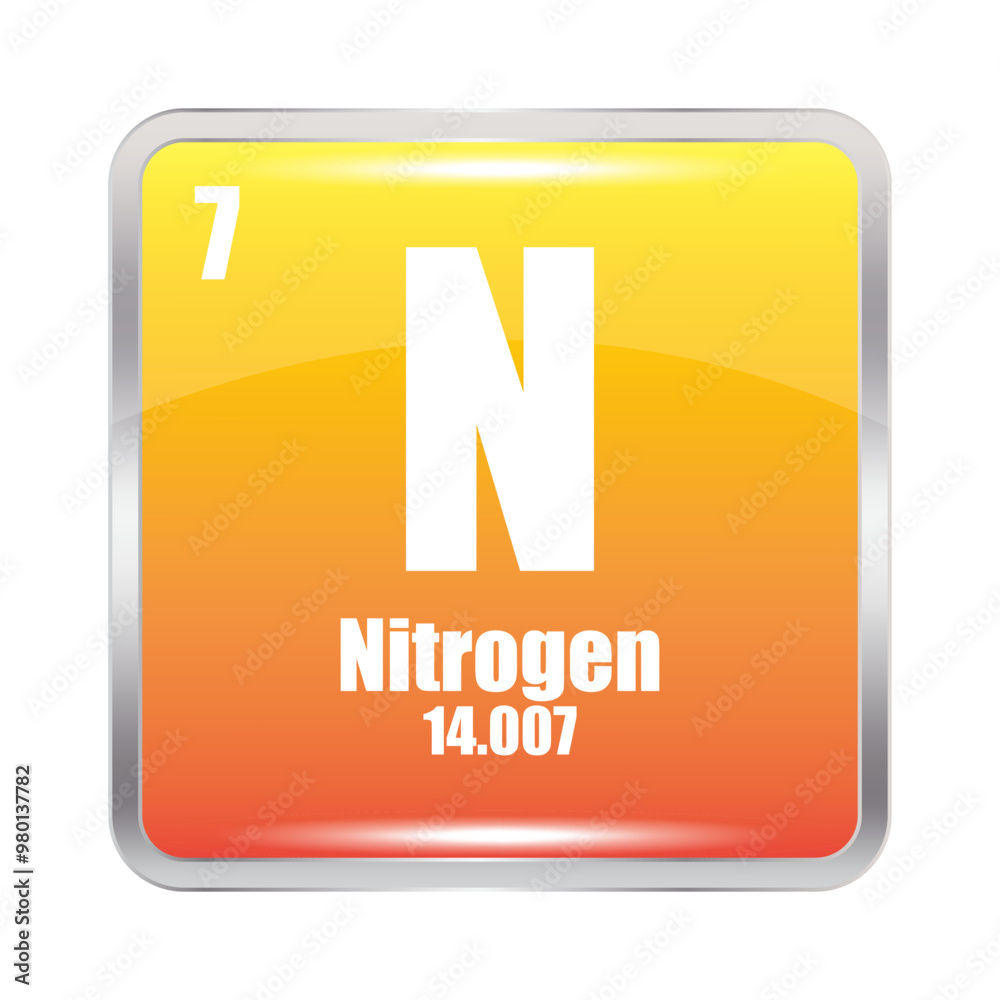 Nitrogen element icon. Atomic number seven. Atomic mass 14.007. Square ...