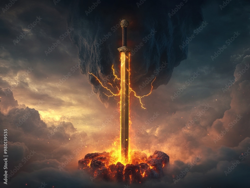 Cataclysmic Showdown: Golden Sword in Lava Storm with Dark Lord’s Wrath ...