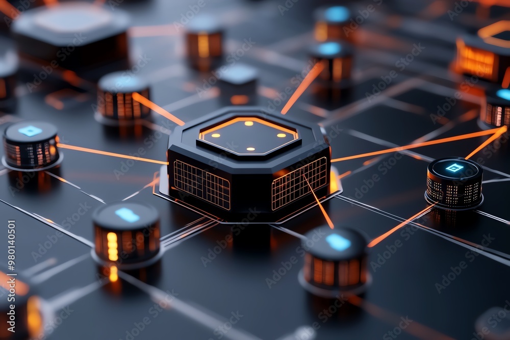 A network diagram showing multiple databases interacting, connected by ...