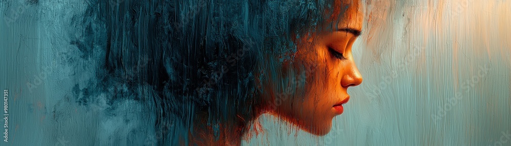 Depressed woman portrayed in abstract form, her face partially obscured ...