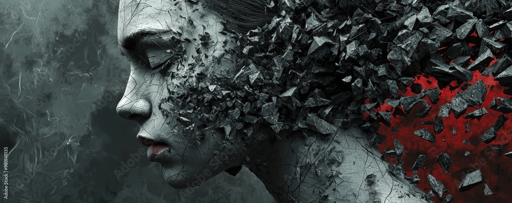 Depressed woman rendered in abstract, her face fading into a background ...