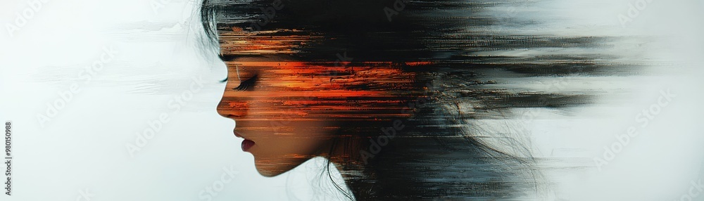 Depressed woman portrayed in abstract form, her face partially obscured ...