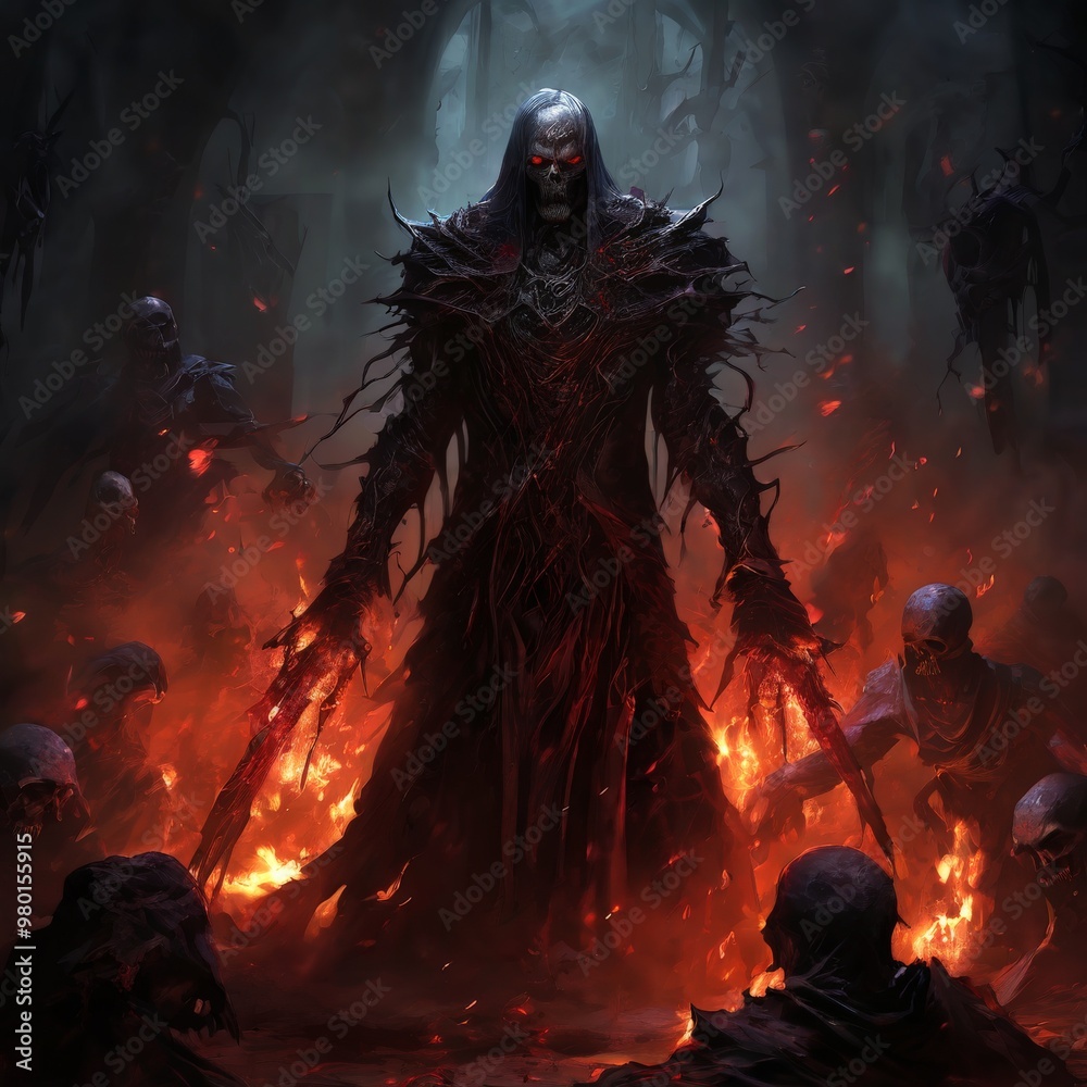 A menacing dark lord rises amidst flames, commanding an army of undead ...