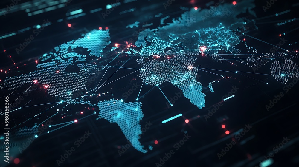 Digital map showing global cyber attack patterns with lines connecting different parts of the ...