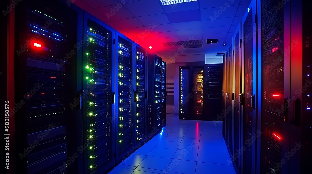 Group of servers being hacked, with warning lights flashing in a server ...