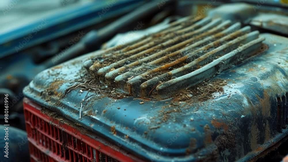 Closeup of a neglected car engine showing the effects of time and ...