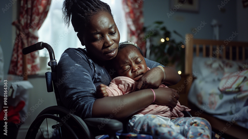 Single black disabled mother in a wheelchair is comforting crying ...