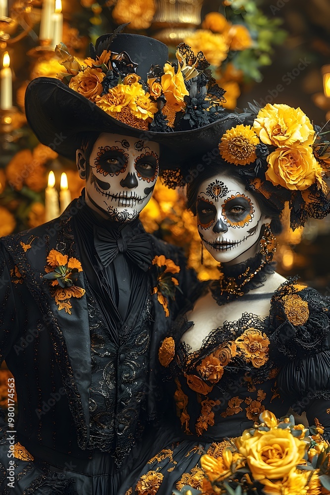 Una pareja en el dia de muertos vestidos como Catrin y Catrina con ...