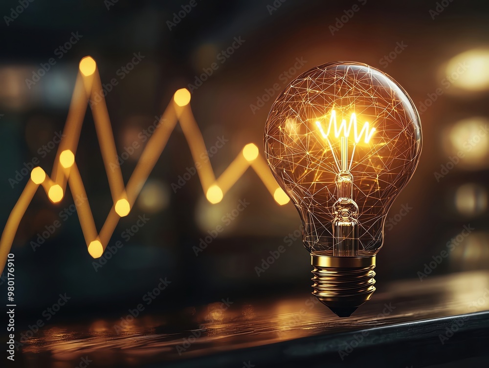 Line chart, Geometric business growth and expansion, Golden light bulb ...