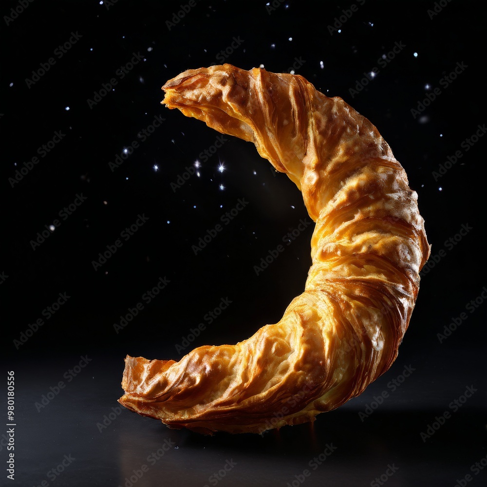 A beautifully golden croissant, shaped like a crescent moon, is ...