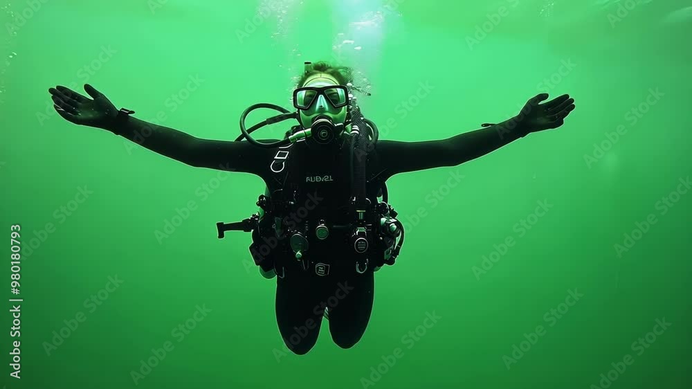 Scuba diver gracefully floats in a swimming pool against a green screen, with arms outstretched ...