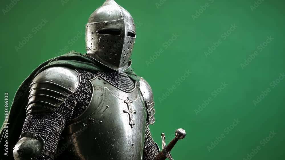 Medieval knight wearing armor, chainmail and a cape is posing in front ...