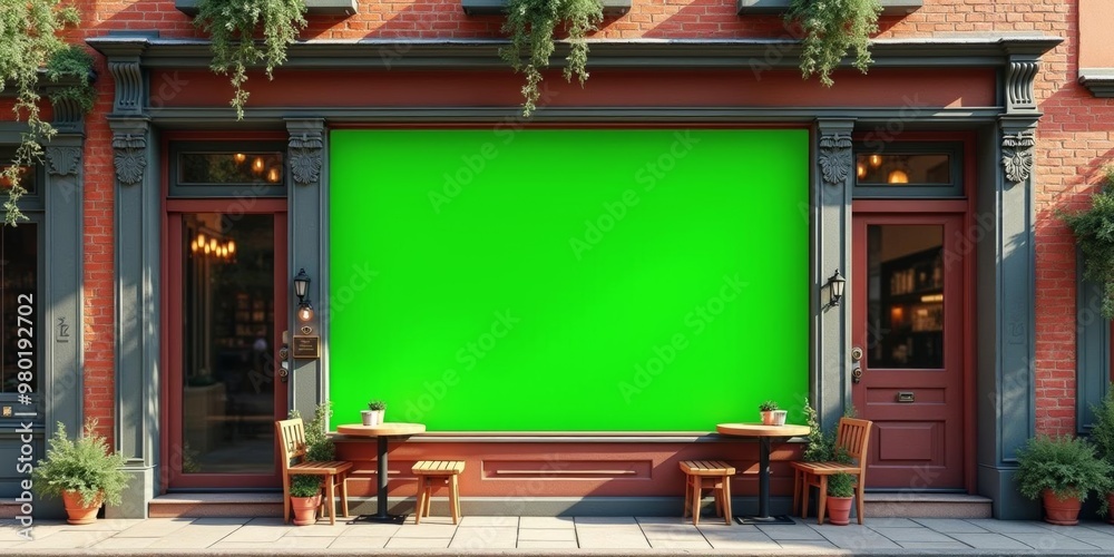 Storefront Display Mockup: Vibrant Green Screen for Outdoor Cafe ...