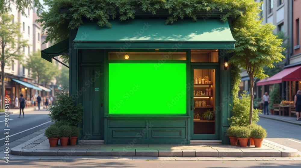 Storefront Mockup: Urban Chic Green Kiosk with Customizable Green ...