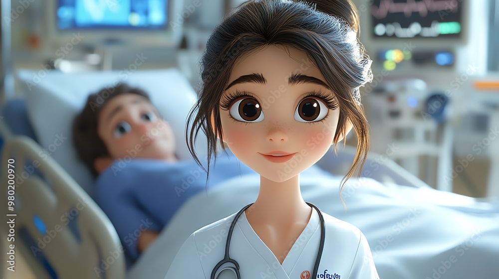 A smiling cartoon female nurse in a hospital room, looking at the ...