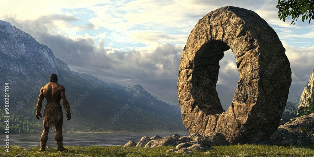 animated Neanderthal building stone wheel Stock Illustration | Adobe Stock