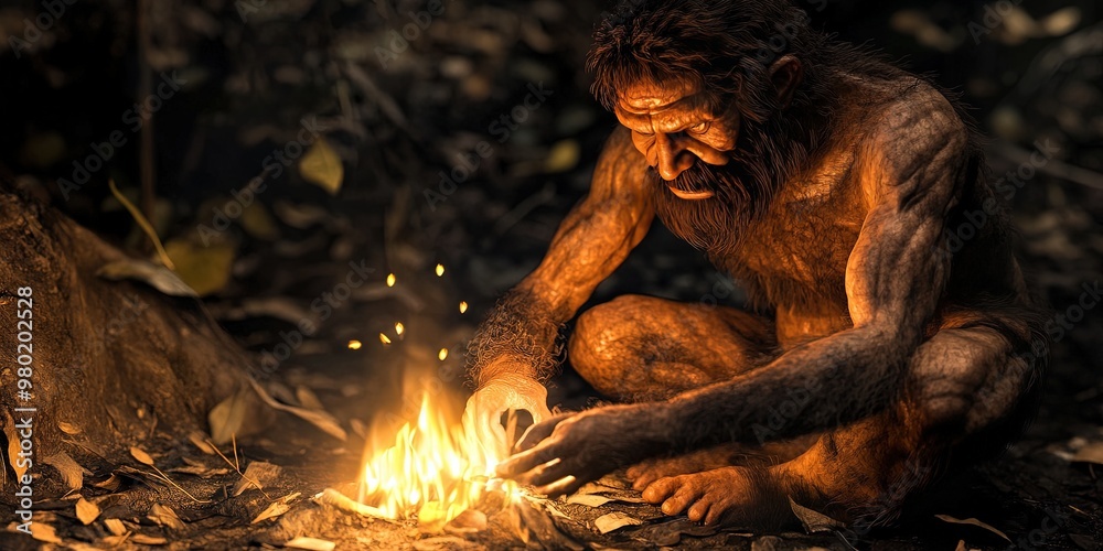 3D animated Neanderthal starting fire Stock Illustration | Adobe Stock