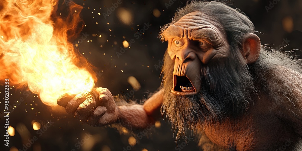 3D animated Neanderthal starting fire Stock Illustration | Adobe Stock