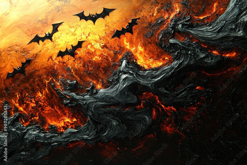 Demonic lair with fiery clouds and bats in a dark, apocalyptic ...