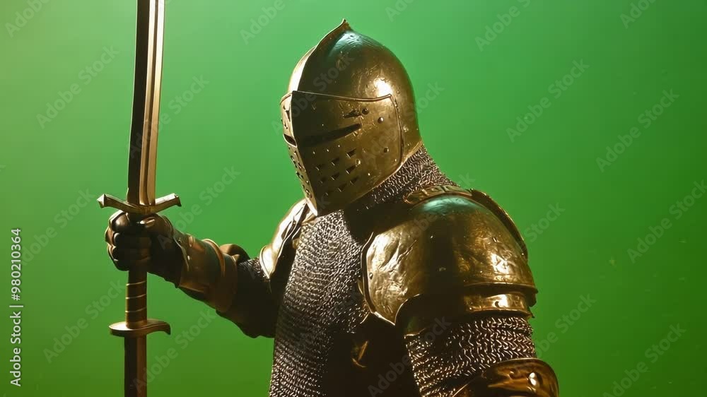 Medieval knight in full armor is holding a sword on a green screen ...