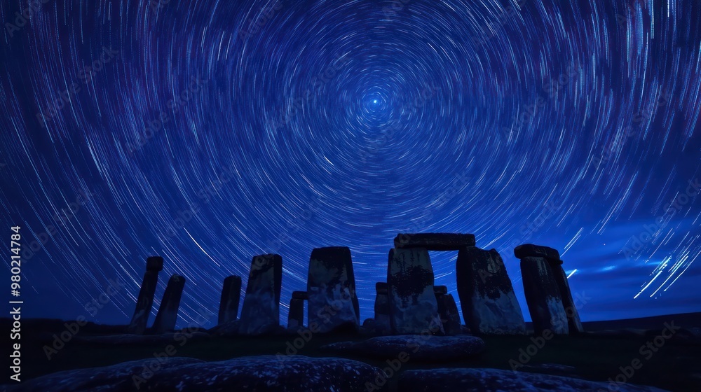 Dynamic time-lapse image of Stonehenge under a starry night sky, as ...