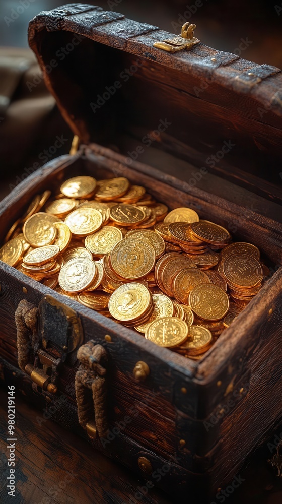 ancient treasure chest overflowing with gold coins on white background pirate loot concept ...