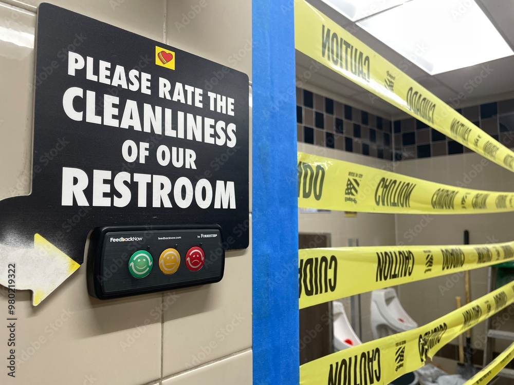 Restroom cleanliness rating sign in front of yellow caution tape in ...
