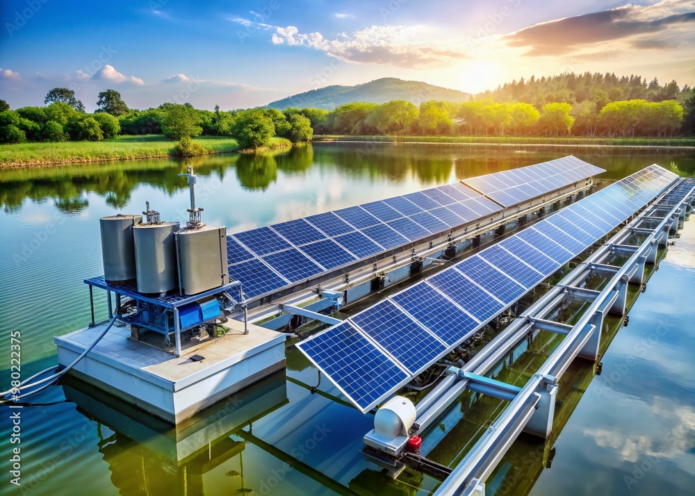 Modern water management system machinery operates beside a cutting-edge ...