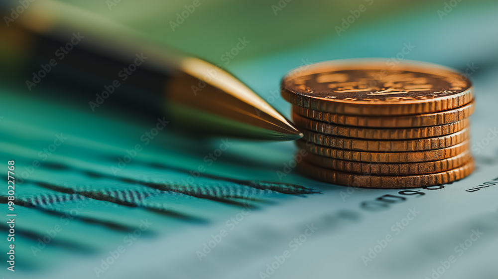A pen is sitting on top of a stack of coins. The coins are all ...