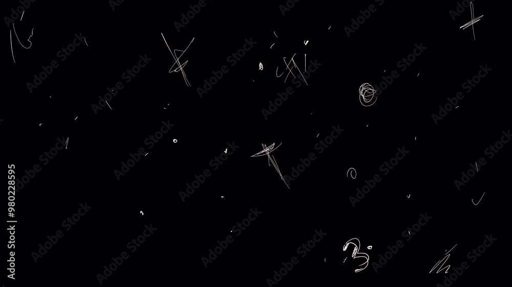 Old film effect with scuffs and damage on a black screen. Small symbols ...