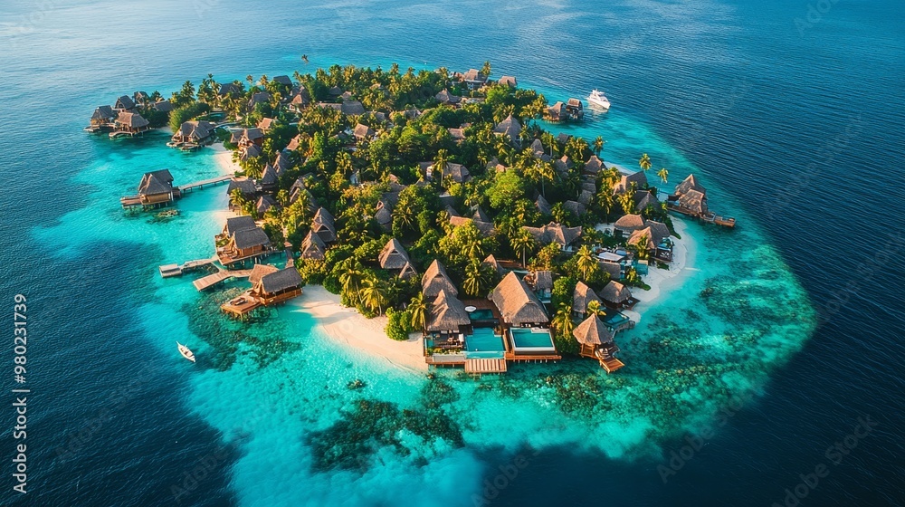 Bird's eye view of an opulent resort island, surrounded by glowing ...