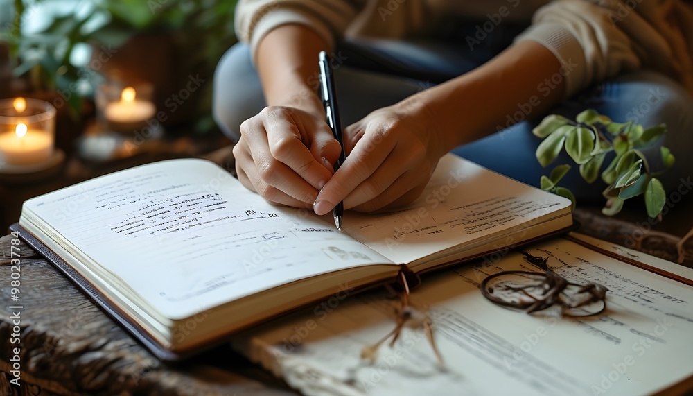 Nature-inspired note-taking with hands writing in a notebook on knees ...