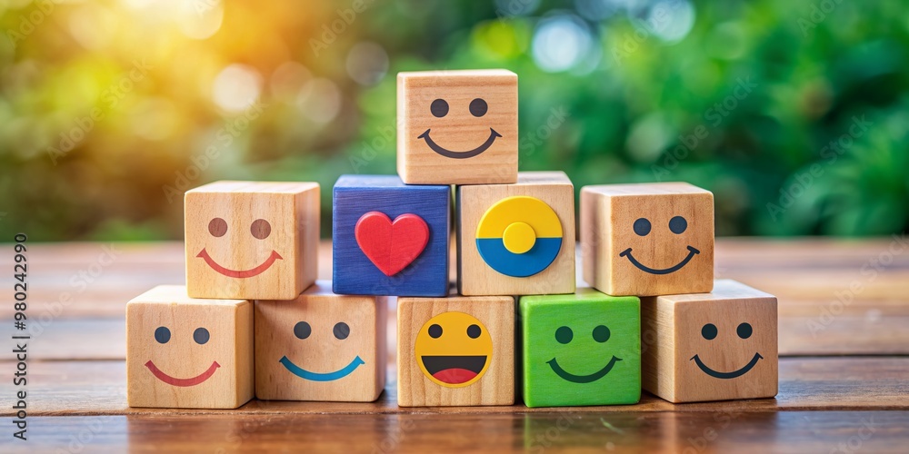 Colorful wooden cube blocks with various emoticons stacked to represent ...