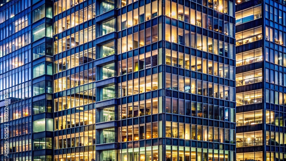 Geometric pattern of illuminated office building windows at night ...