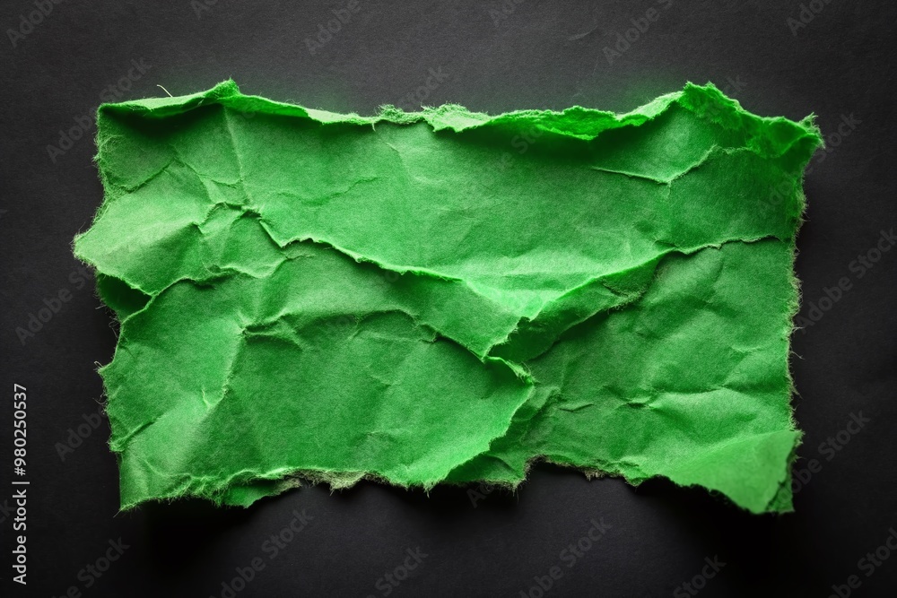 Torn and frayed green paper edge, ripped from a sheet, lies isolated ...