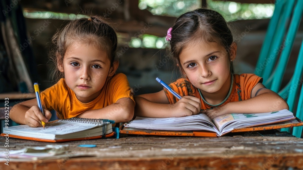 An image showing two children studying side by side: one with brand new ...