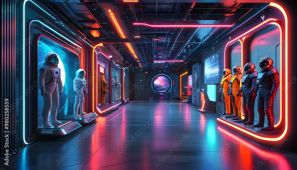 Futuristic showroom illuminated by neon lights featuring cutting-edge ...