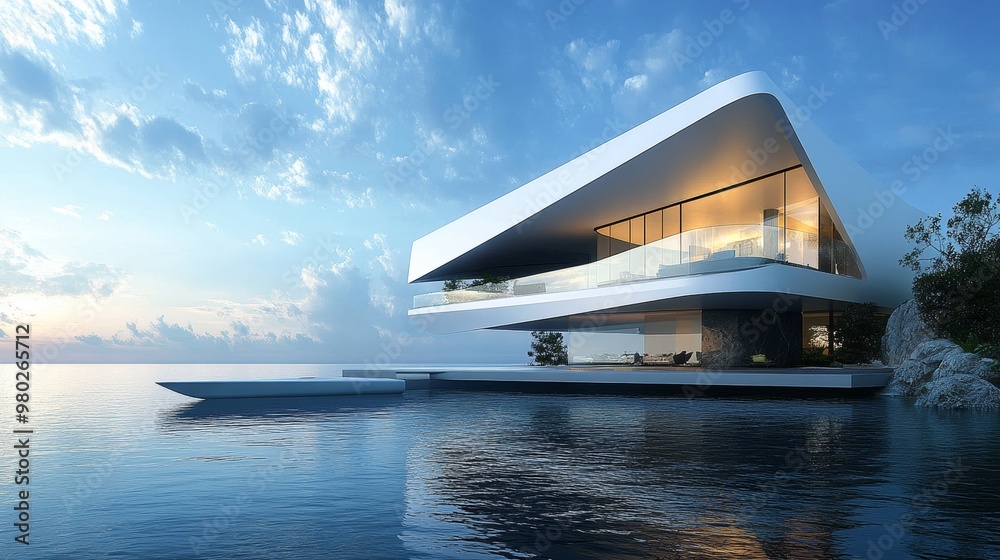 Futuristic beachfront cube house with glass facades, allowing panoramic ...
