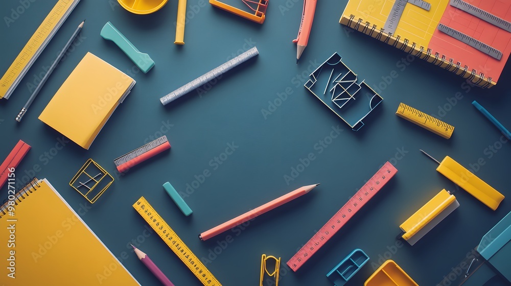 Abstract 2D background with various educational tools like notebooks ...