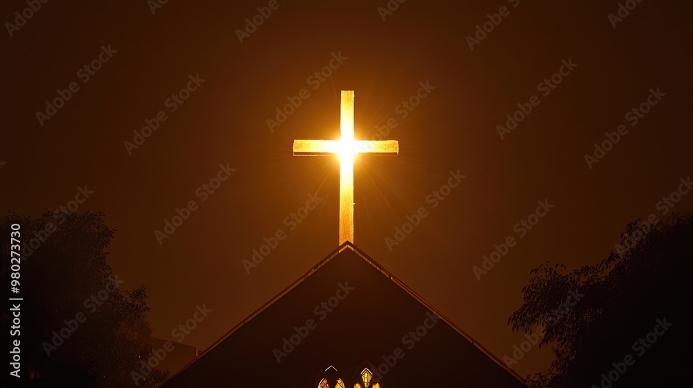 Poster A cross atop a church glowing with light from behind ...