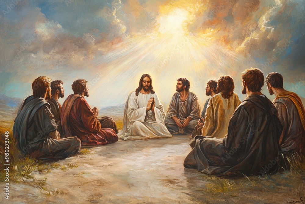 A painting of Jesus Christ praying alongside his disciples under a ...