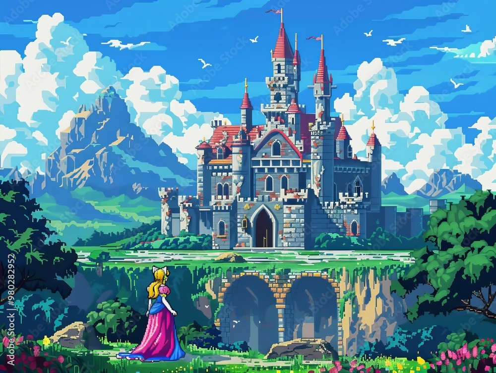 8bit princess, castle background, pixel art style, vibrant colors ...
