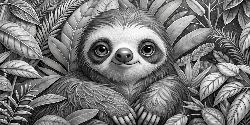 Adorable sloth illustration in black and white, featuring a sleepy ...