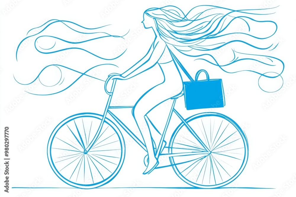 Drawing of a young professional business woman riding a bicycle to work ...